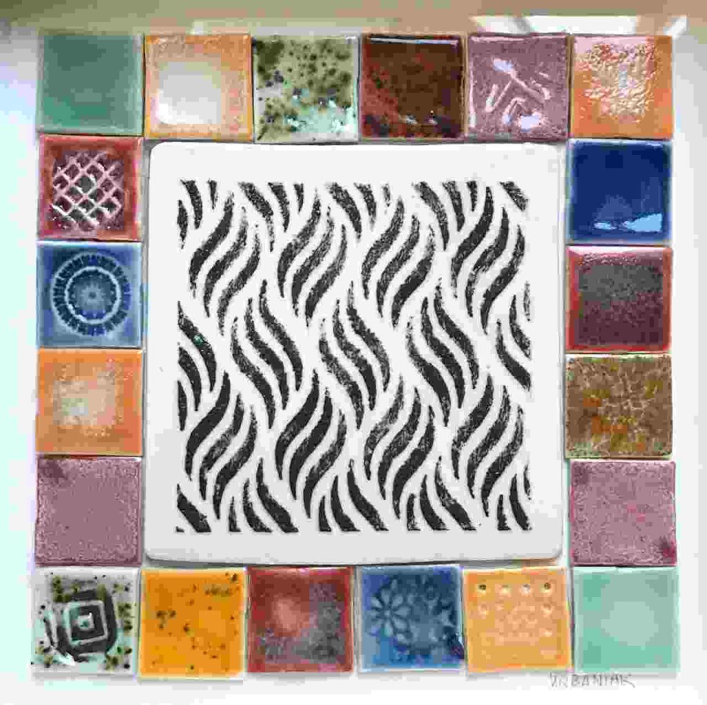 “Tile collage II -waves” 25x25cm -unique porcelain collage, framed ...